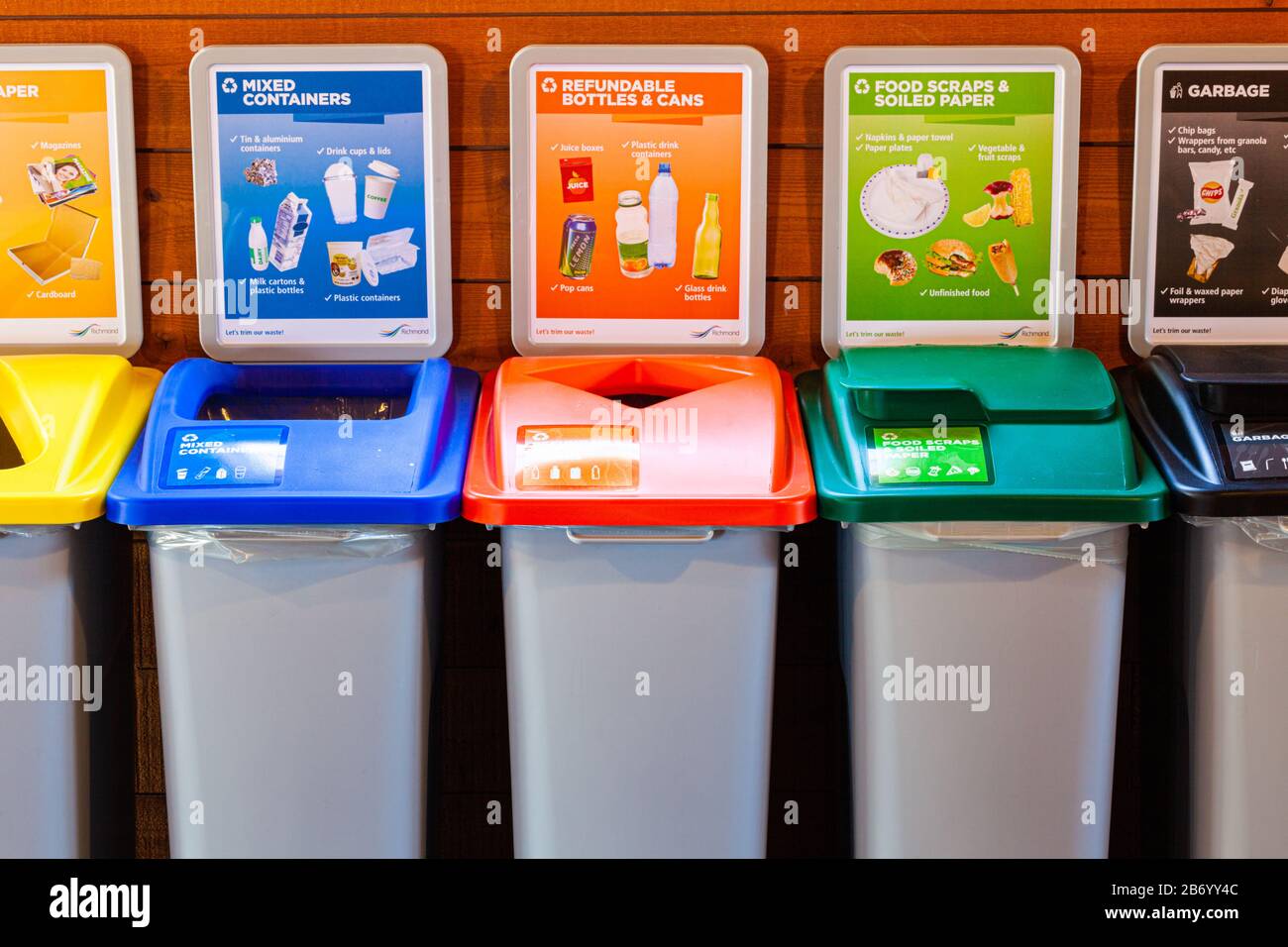 A full range of recycling disposal containers at a community hall Stock ...