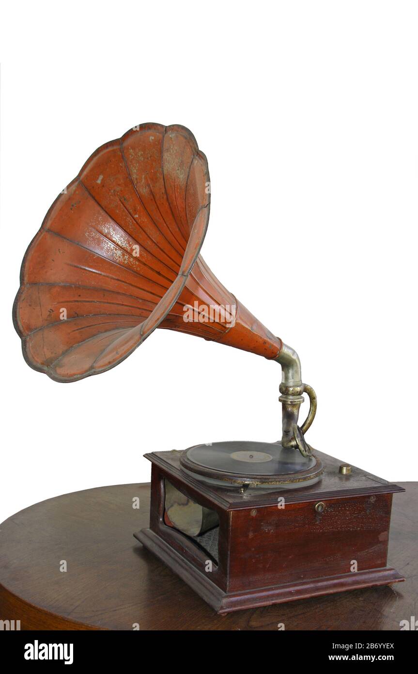 A mechanical old turntable with a funnel from the early twentieth ...