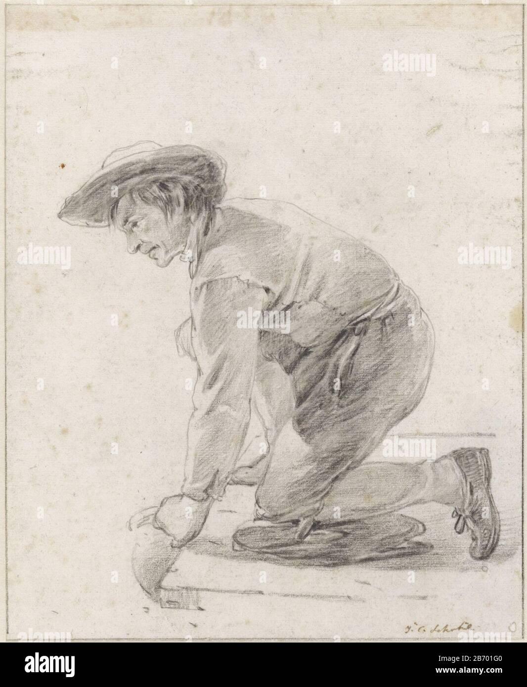 Knielende man met hoed, die water in een kan laat lopen Kneeling man ...