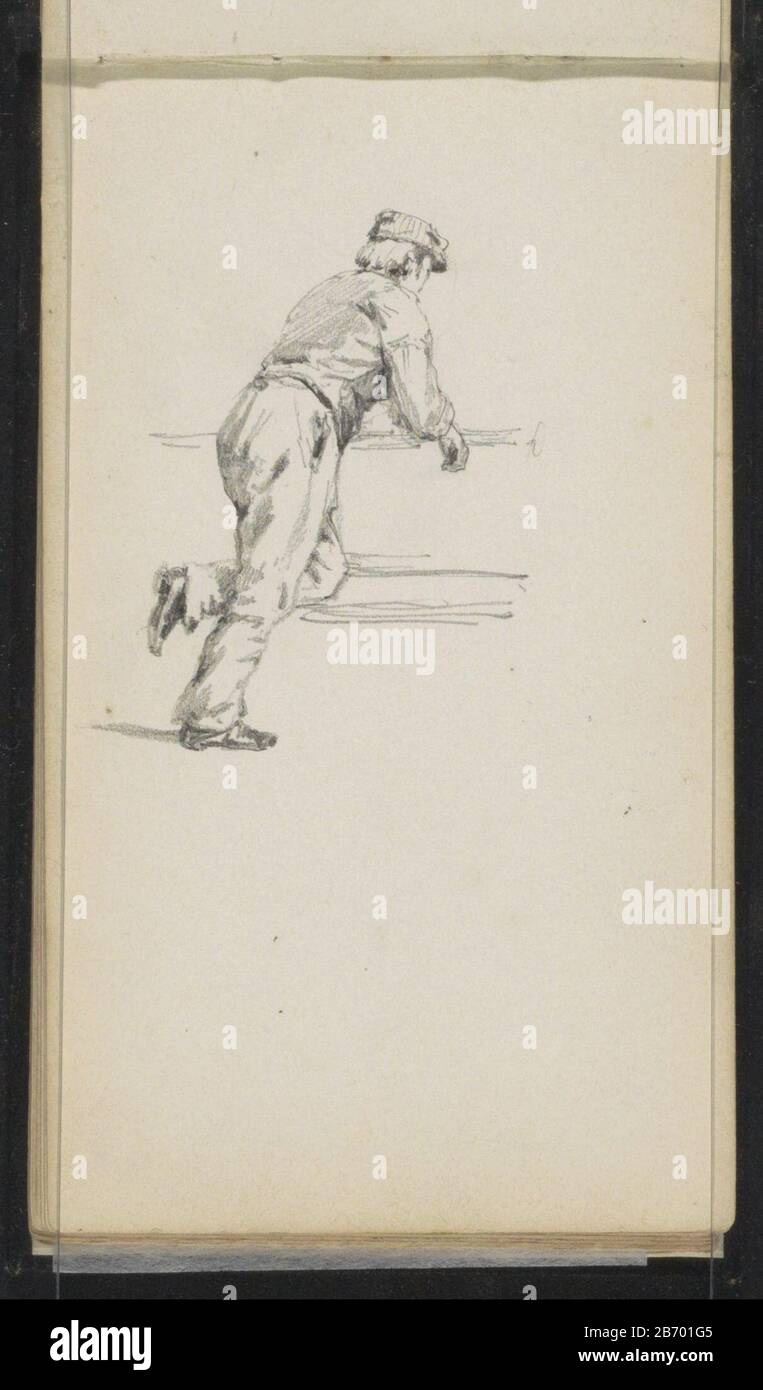 Knielende man A man kneeling with one leg on a platform. Blade 12 from ...