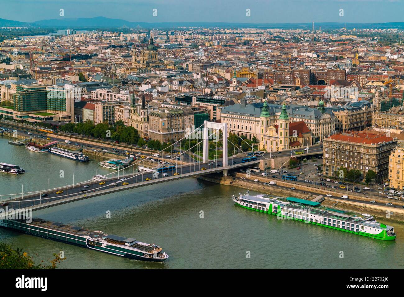 Elisabeth bridge, Danube and elevated view of Pest in a sunny day Stock ...
