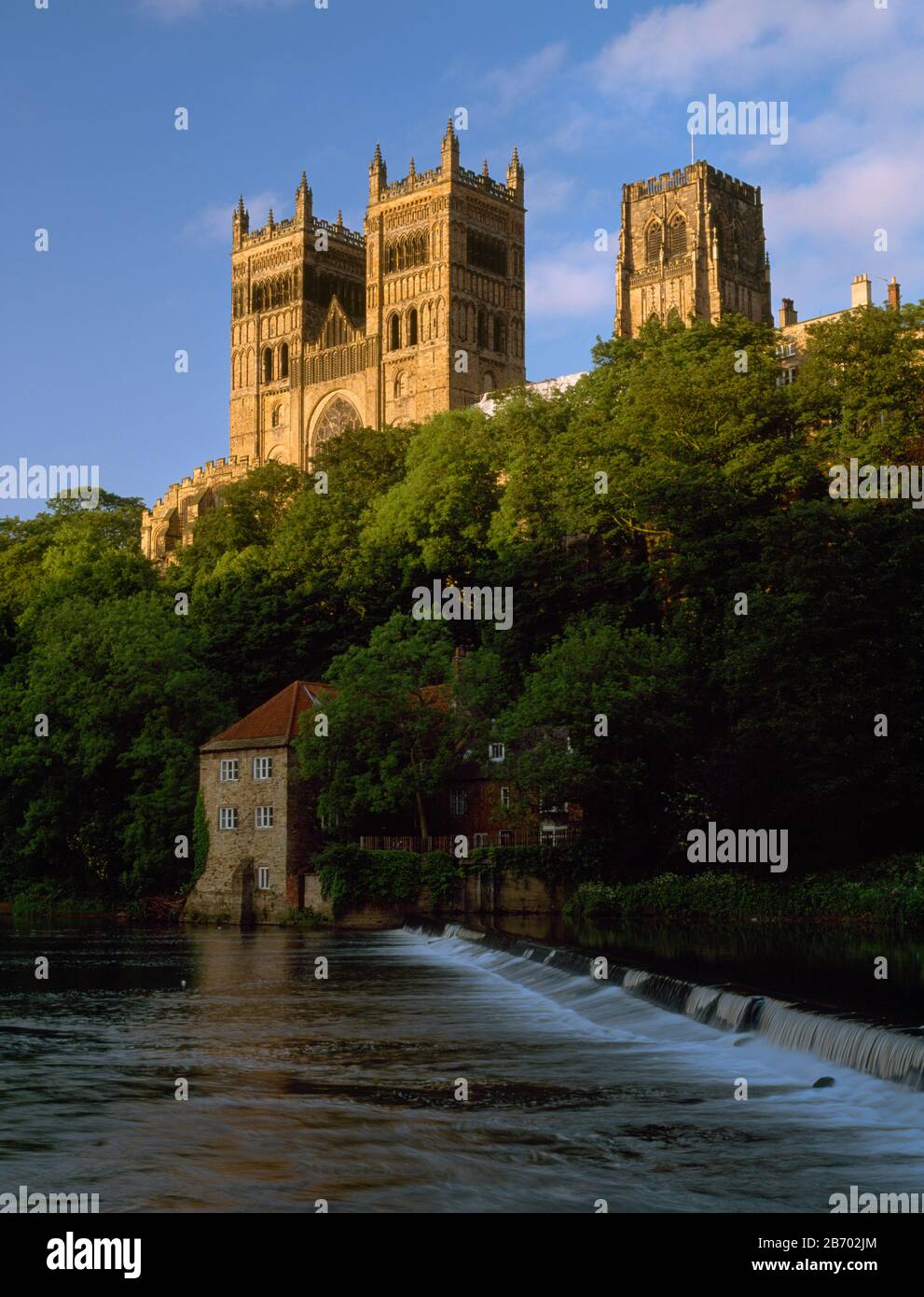 Durham Cathedral west front and central tower from banks of River Wear ...