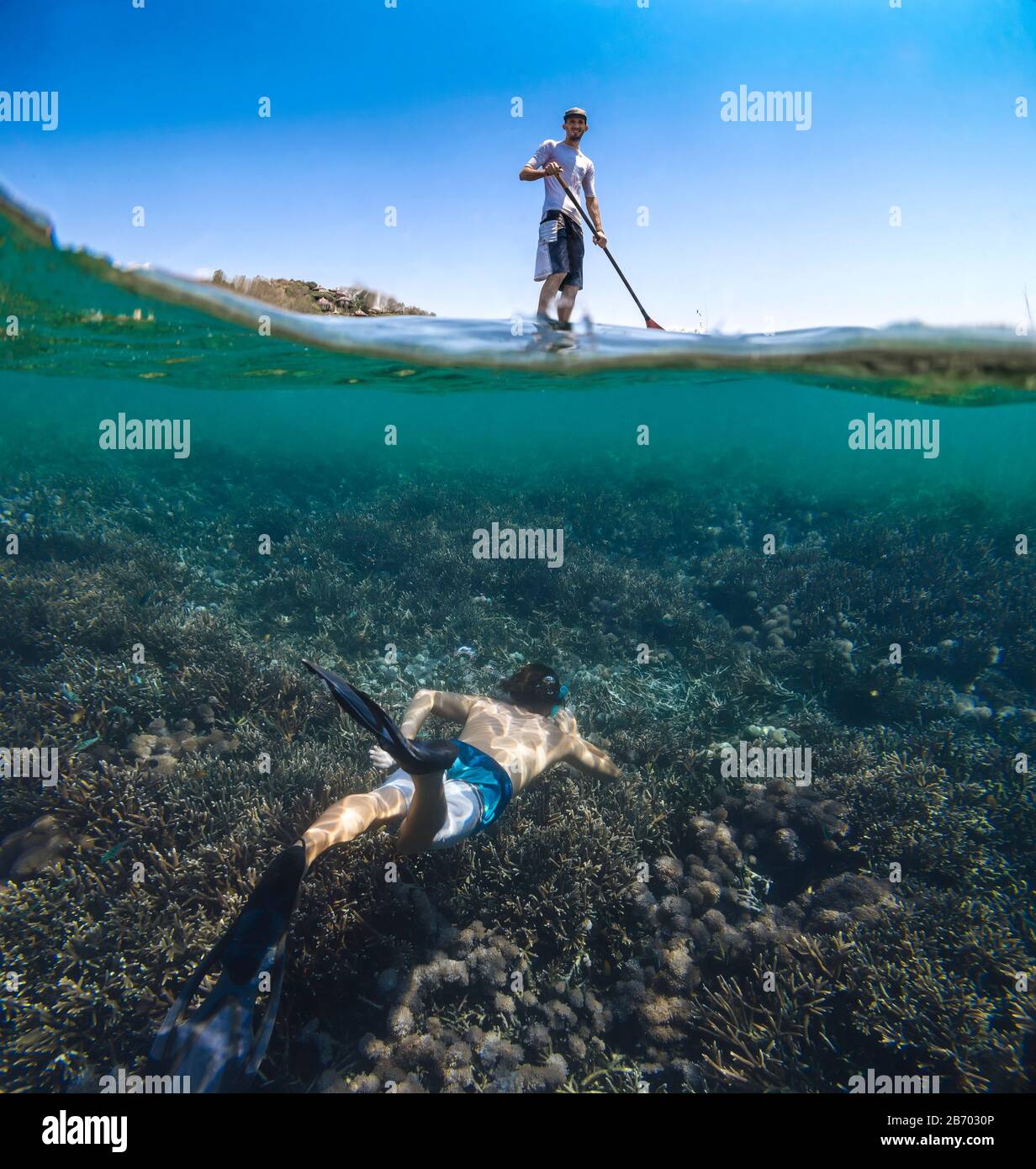 Young men snorkeling, underwater view Stock Photo - Alamy