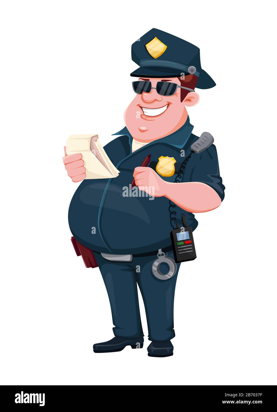 Police officer holding notepad and pencil. Cheerful cartoon character ...