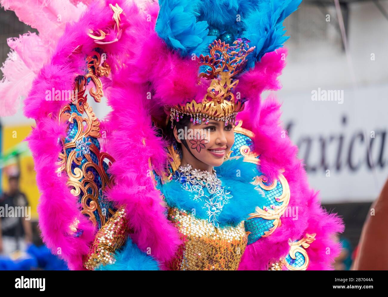 A female dancer in costume at the 2015 Dinagyang Festival, Iloilo Ctiy ...