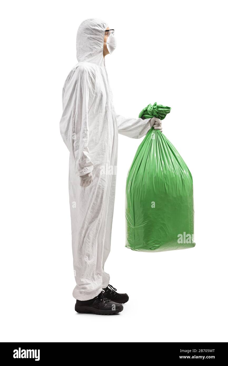 Full length profile shot of a man wearing a protective suit and mask ...