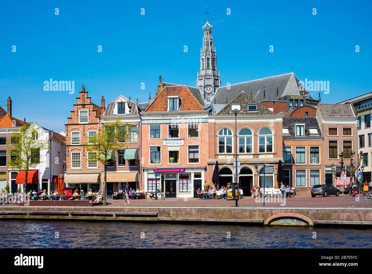 Netherlands, North Holland, Haarlem. Buildings along the Spaarne River ...