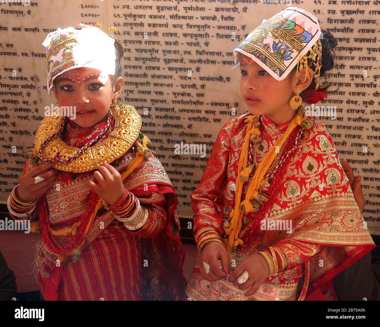 Kavre, Nepal. 12th Mar, 2020. Small girls from Newar community attend a ...
