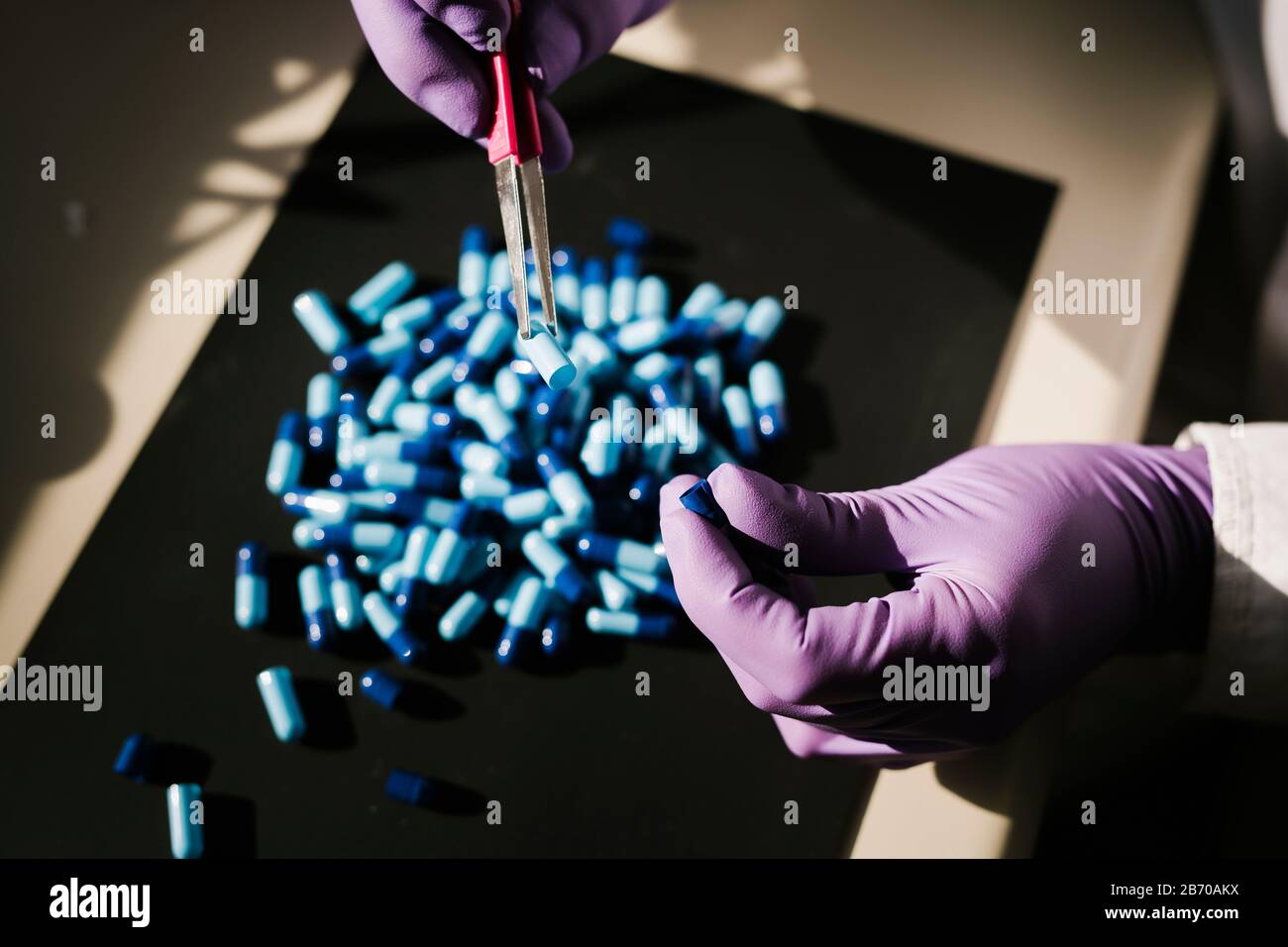 Hands of a scientist working with some blue capsules Stock Photo - Alamy