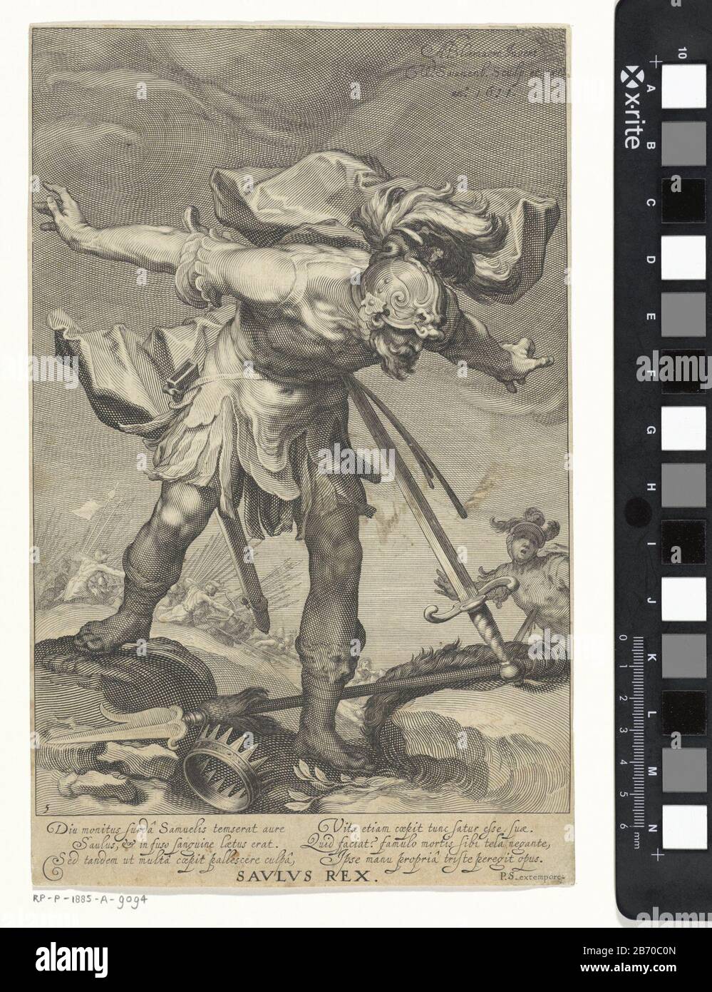 Koning Saul stort zich in zijn zwaard Saulus rex (titel op object ...