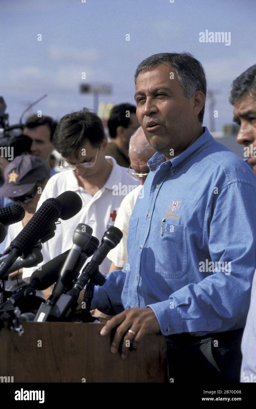 Del Rio, Texas USA, 1998: U.S. Congressman Henry Bonilla talks to press ...