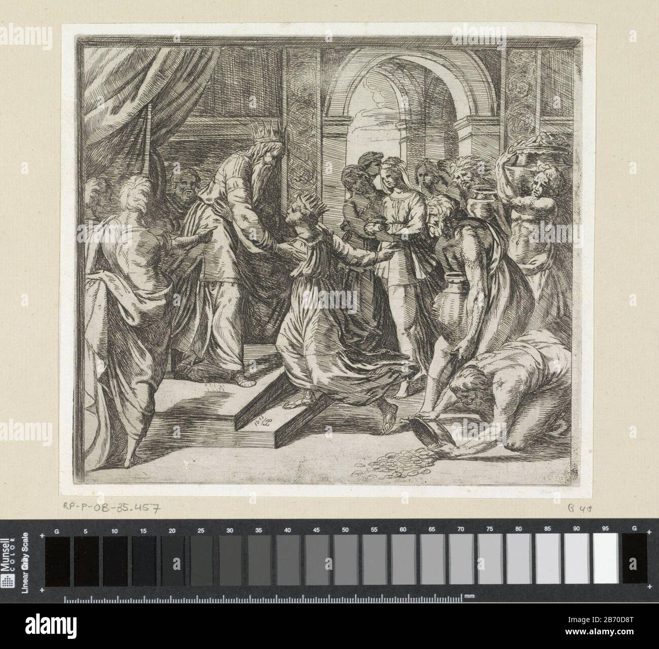 Koning Salomo staat op een verhoging. Voor hem staan de koningin van ...