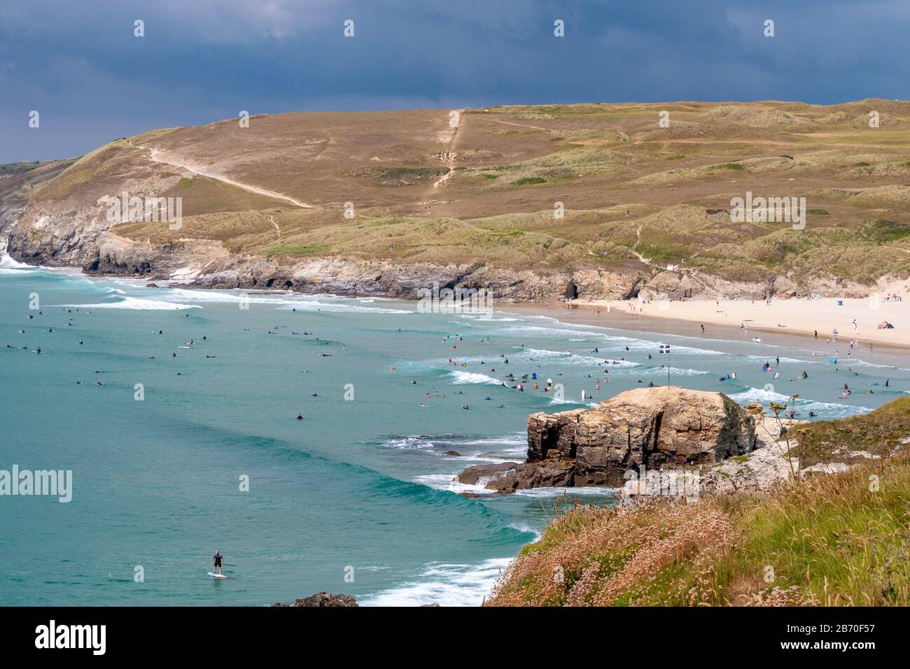 Perran beach on a wam July day, Perranporth, north Cornwall, UK Stock ...