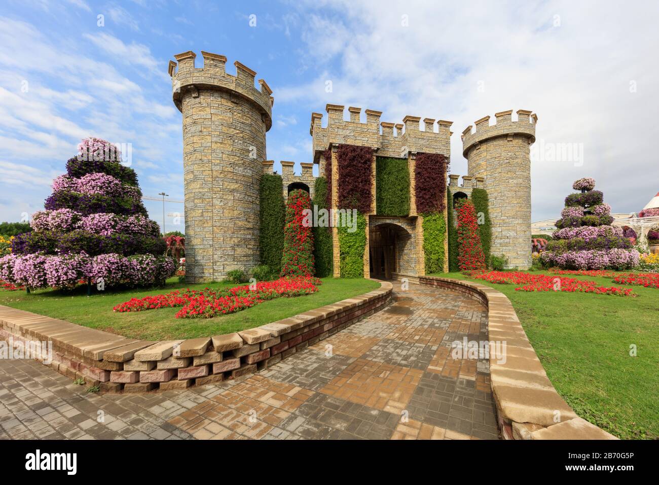 Miracle Garden and castle architecture in sunset light. Dubai, United ...