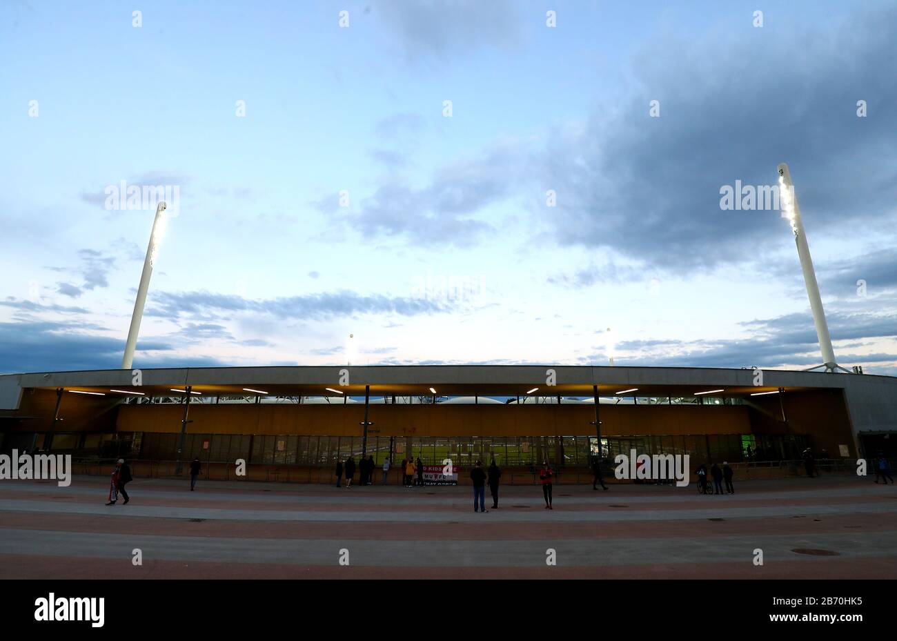 A small gathering of fans outside the stadium ahead of the UEFA Europa ...