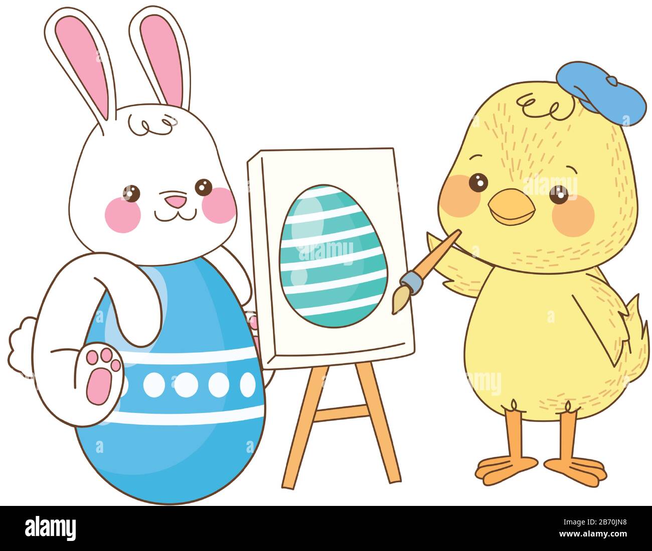 little rabbit and chick painting egg easter characters Stock Vector ...
