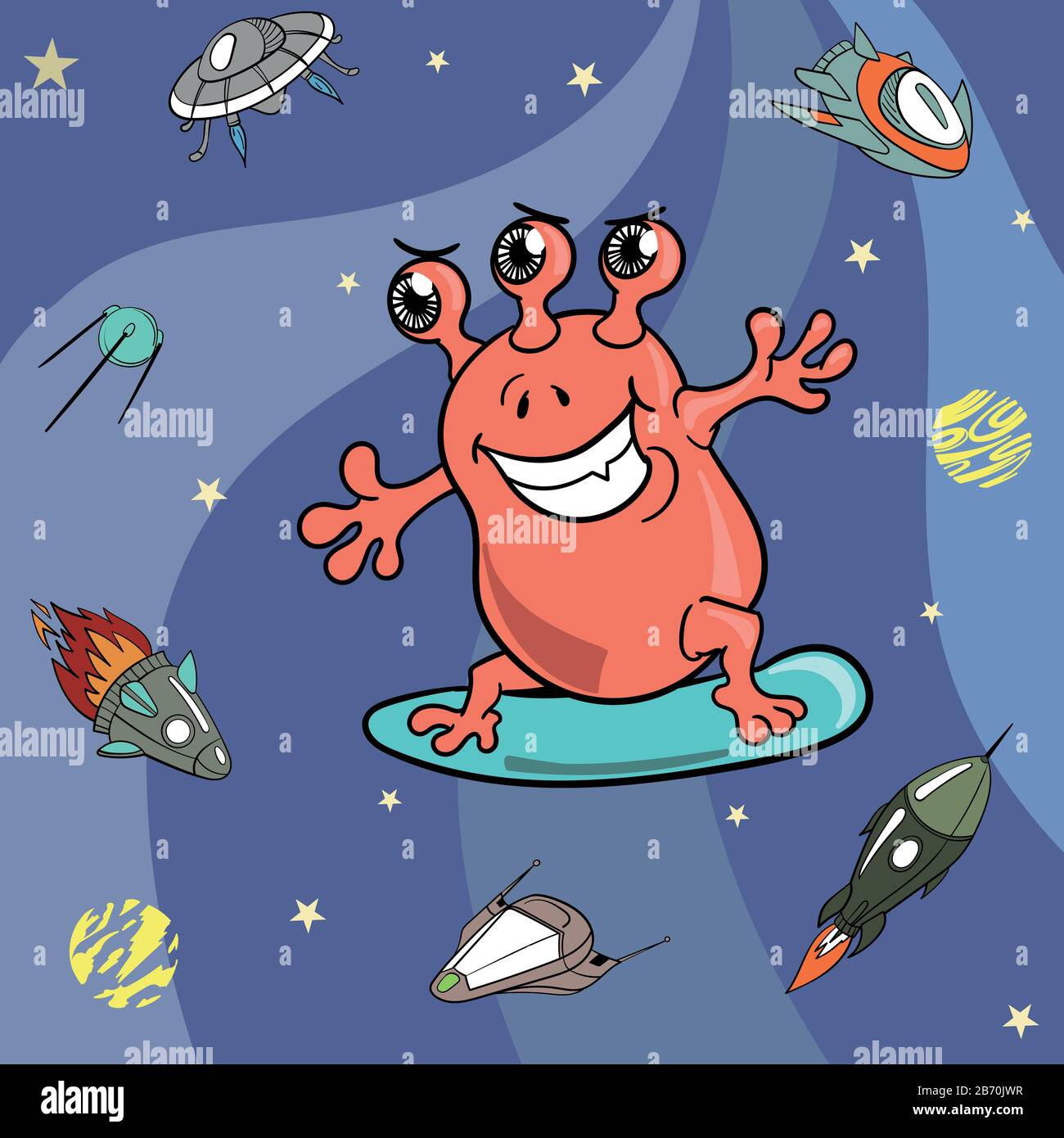 cartoon alien on a surfboard in space among spaceships Stock Vector ...