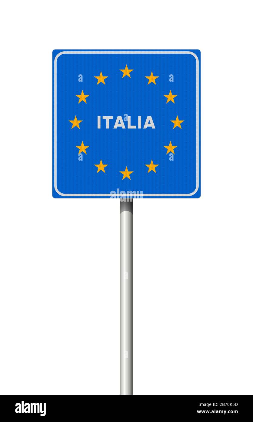 Vector illustration of the Italian European Border blue road sign on ...