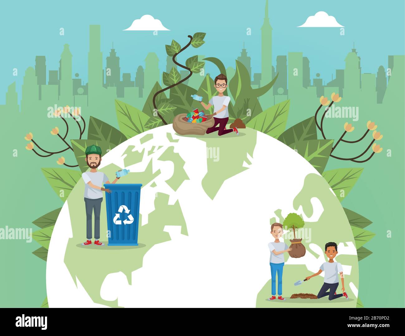 group of environmentalists with world planet earth Stock Vector Image ...
