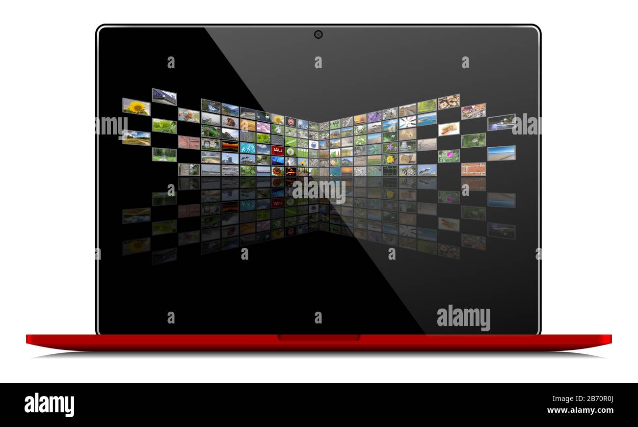 Laptop with multimedia wallpaper, red cover notebook illustration Stock ...