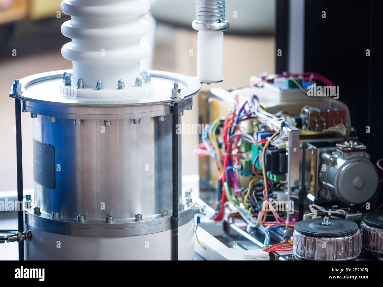 Assembled circuit of electrical relay inside metal case on steel frame ...