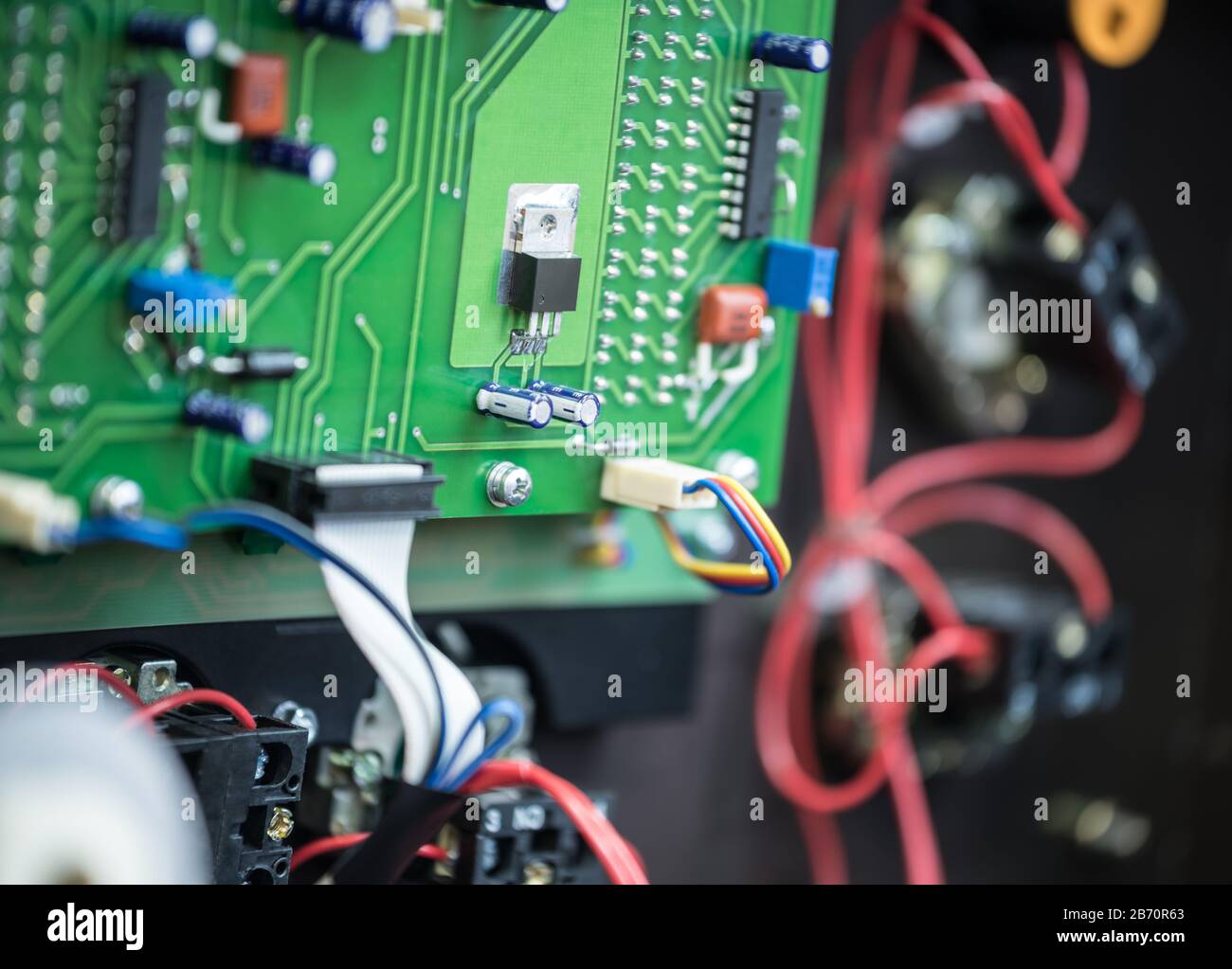 Assembled circuit of electrical relay inside metal case on steel frame ...