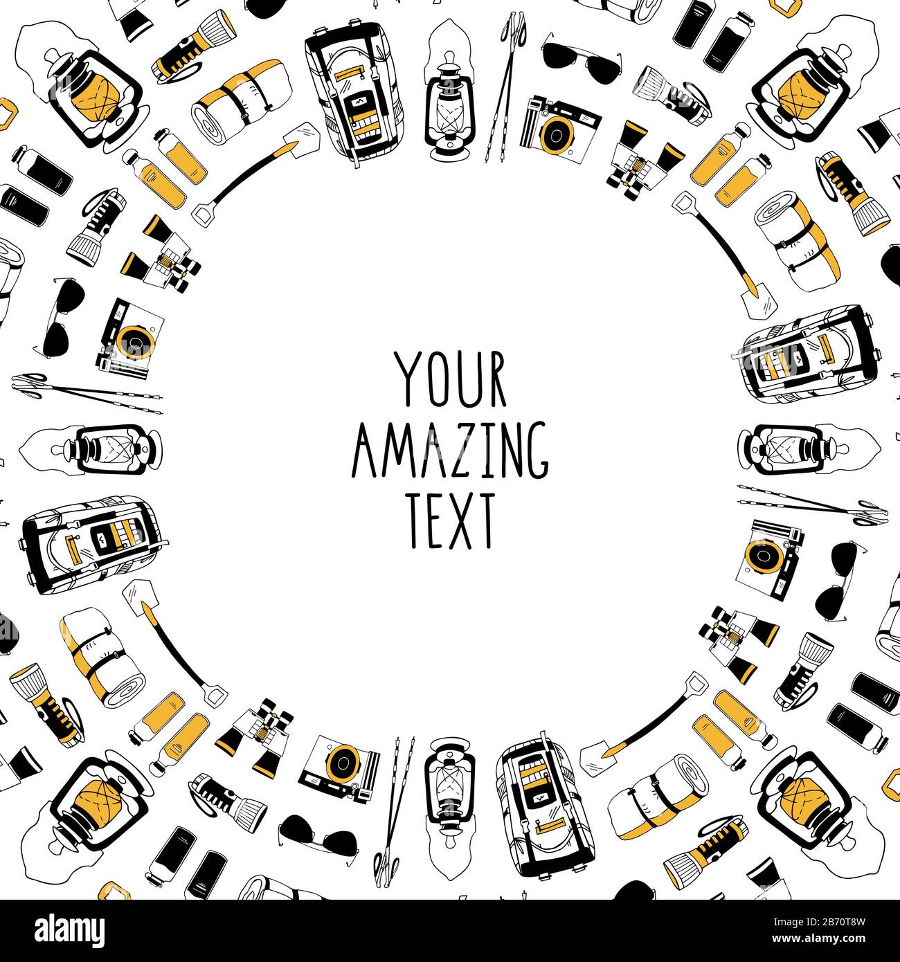 Vector card template for outdoor activities. Round frame with hand ...