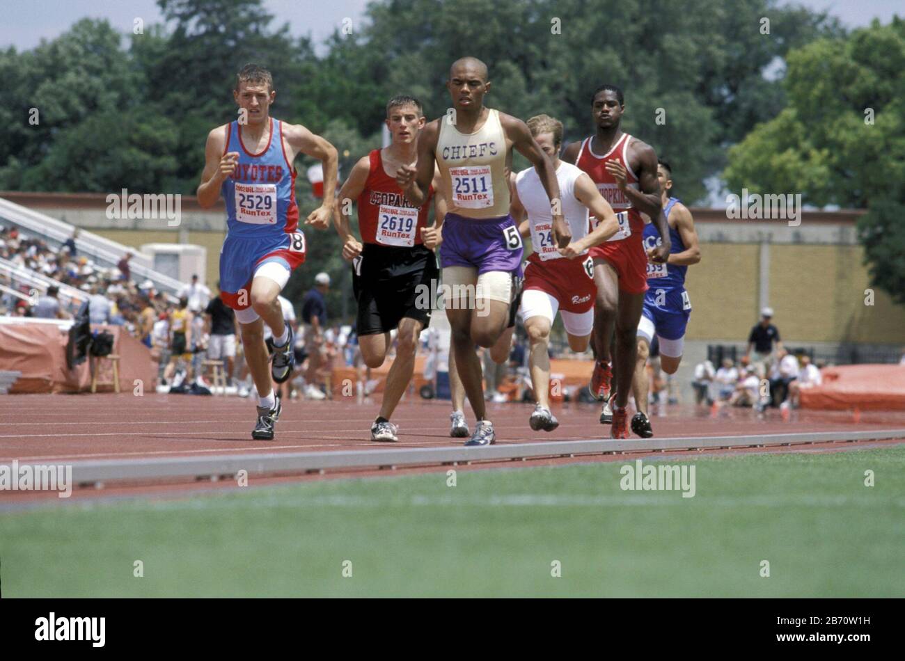 Austin Texas USA, May 2002: Boys racing toward finish line of running ...