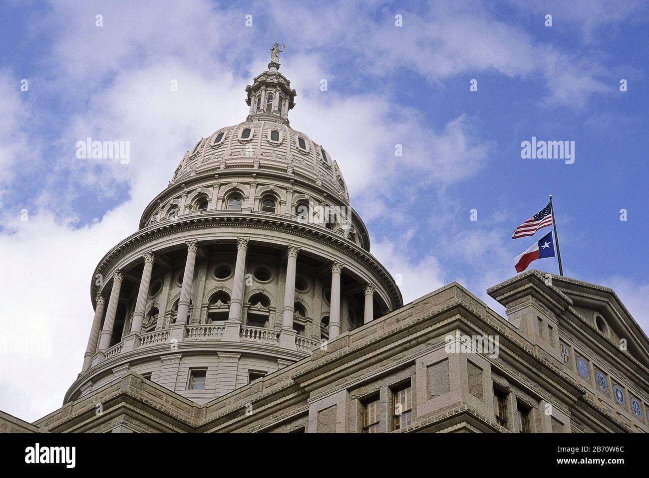 Austin, Texas USA, 2002: Texas state flag flies below the American flag ...