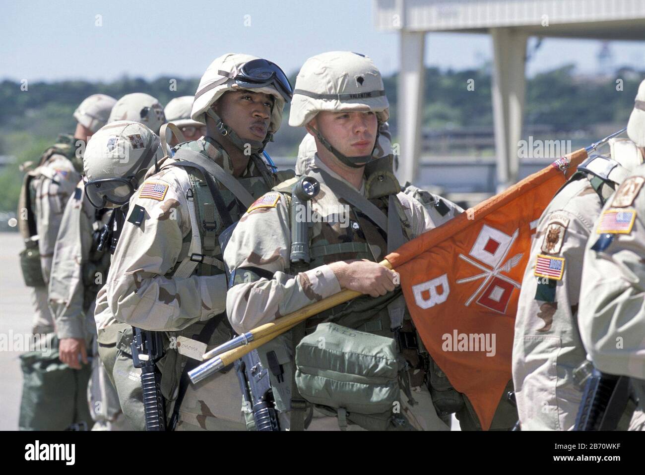 Fort Hood, Texas USA, 2003: Army troops loaded with gear wait to board ...