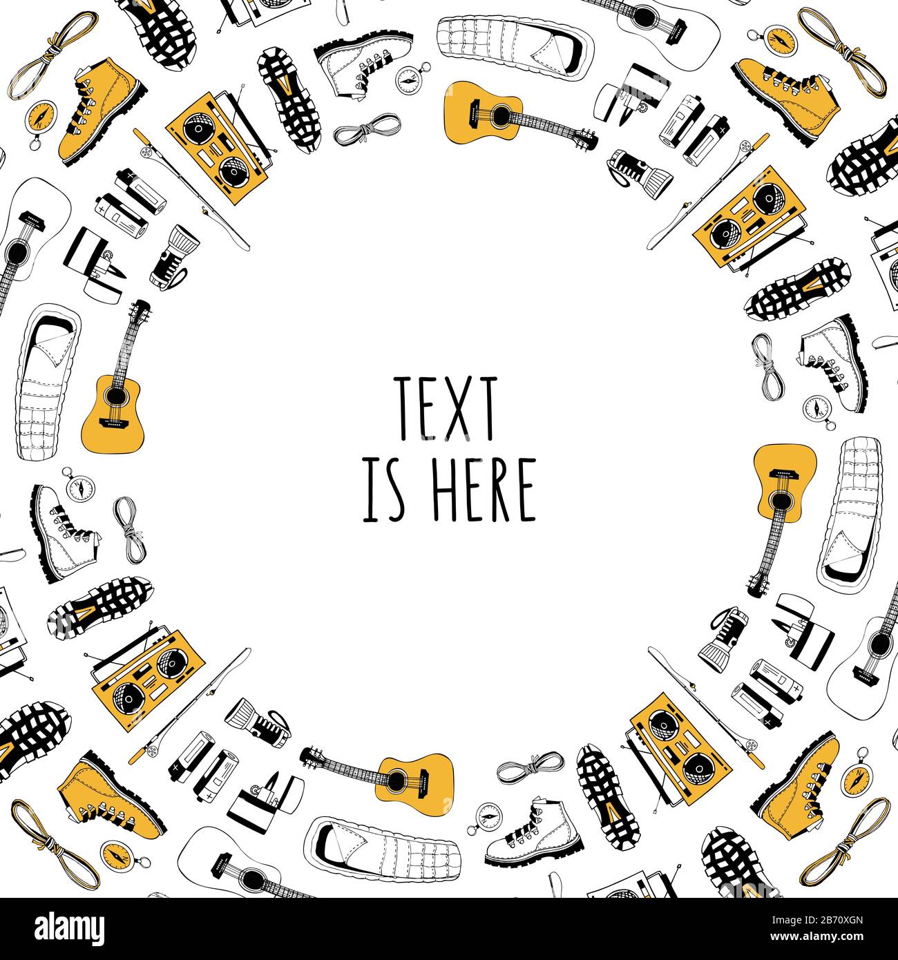 Vector card template for outdoor activities. Round frame with hand ...