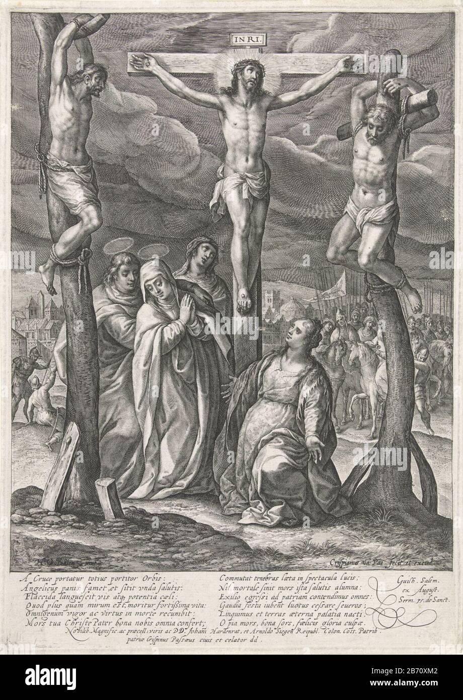 Kruisiging van Christus The crucifixion of Christ on Mount Calvary. Left and right of him, the ...