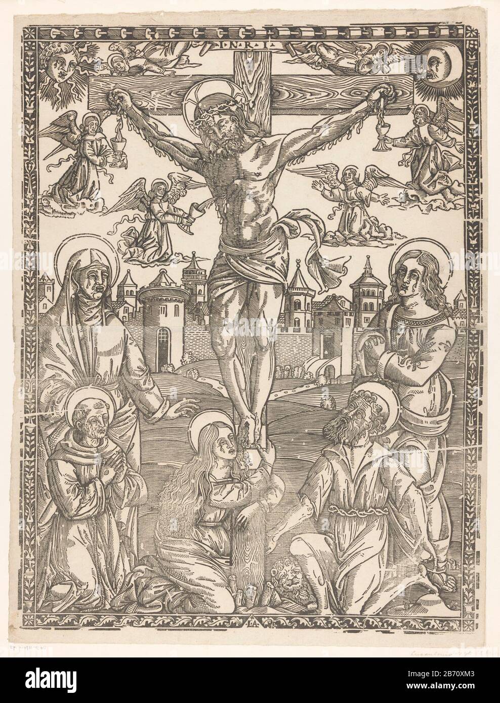 Kruisiging van Christus Christ on the cross, flanked by angels who are ...