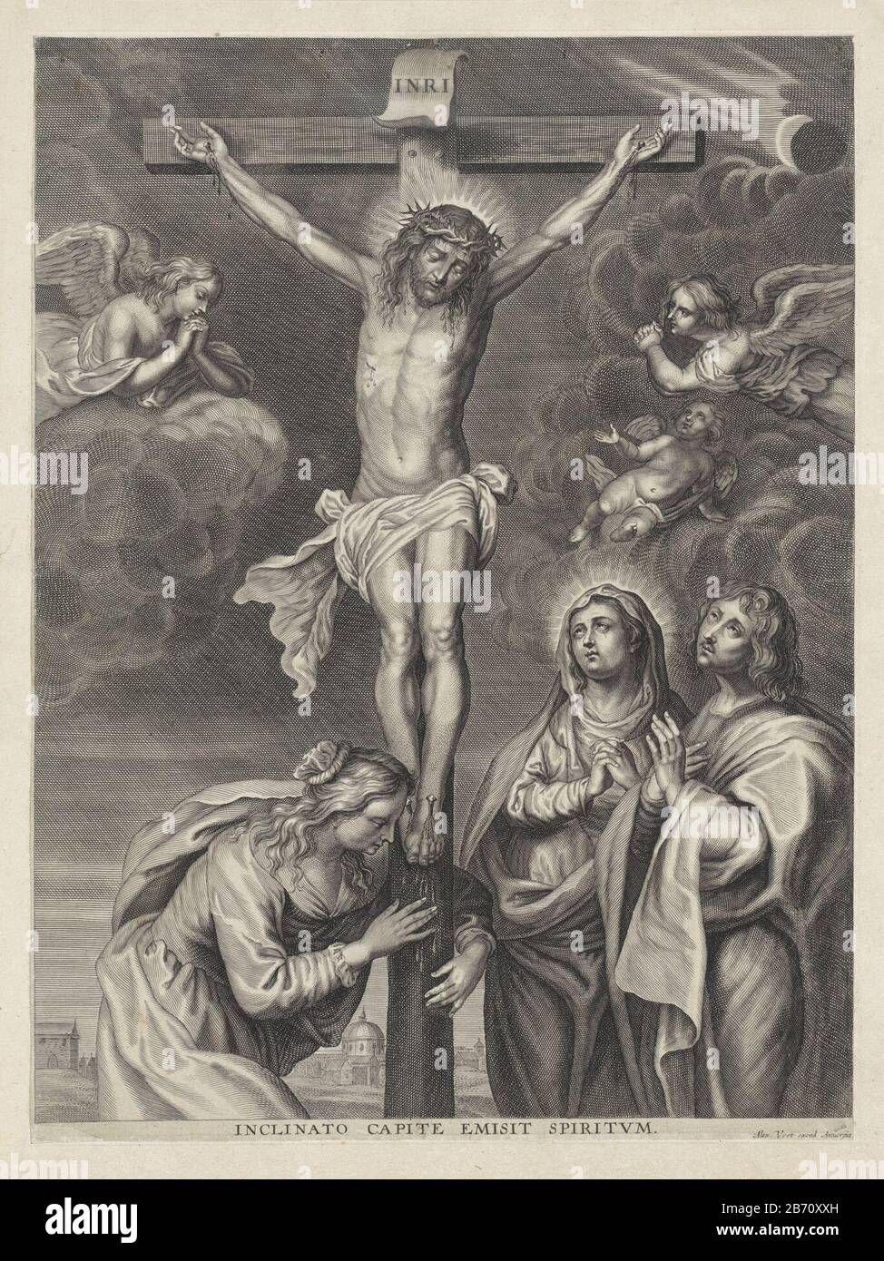 Kruisiging van Christus Christ hanging on the cross, surrounded by angels. Maria Magdalena ...