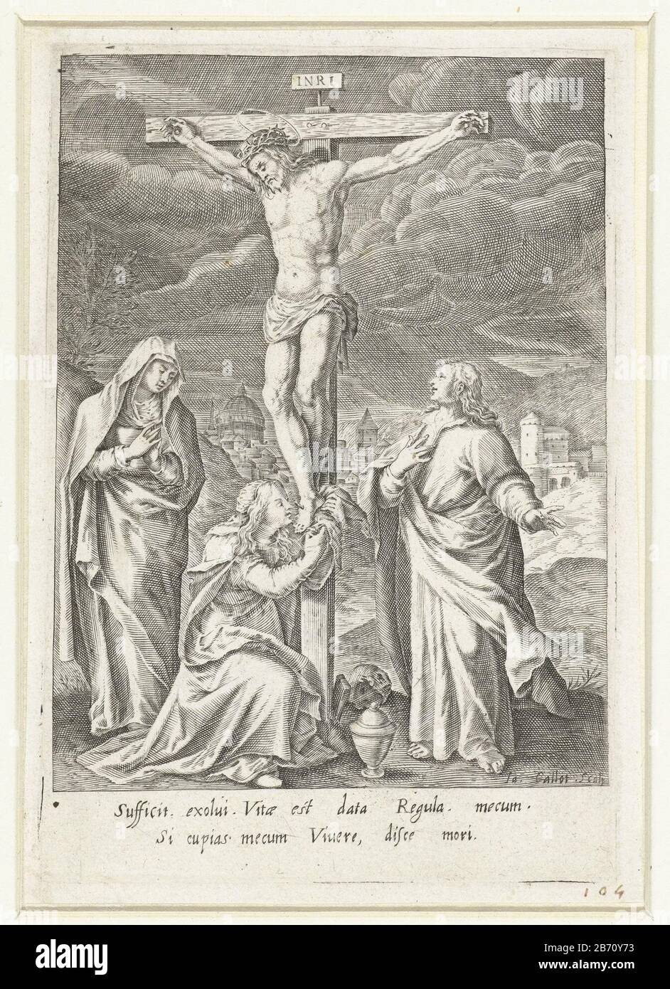 Kruisiging Christ on the cross. On his right is Mary, to his left, John the Evangelist, Mary ...