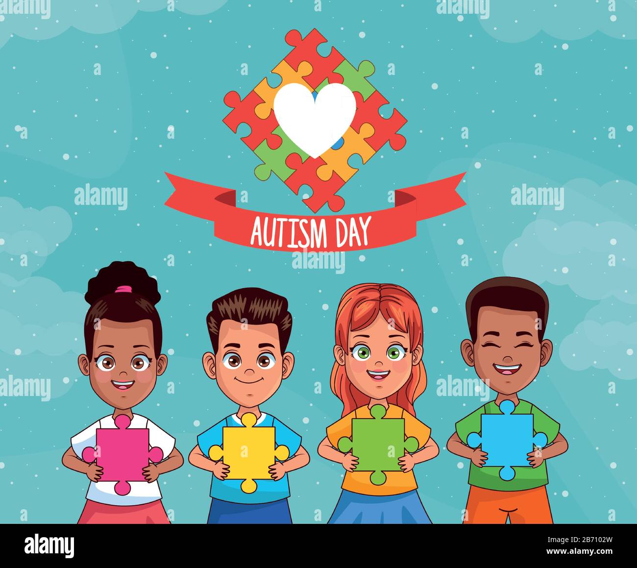 world autism day with kids and puzzle pieces Stock Vector Image & Art ...