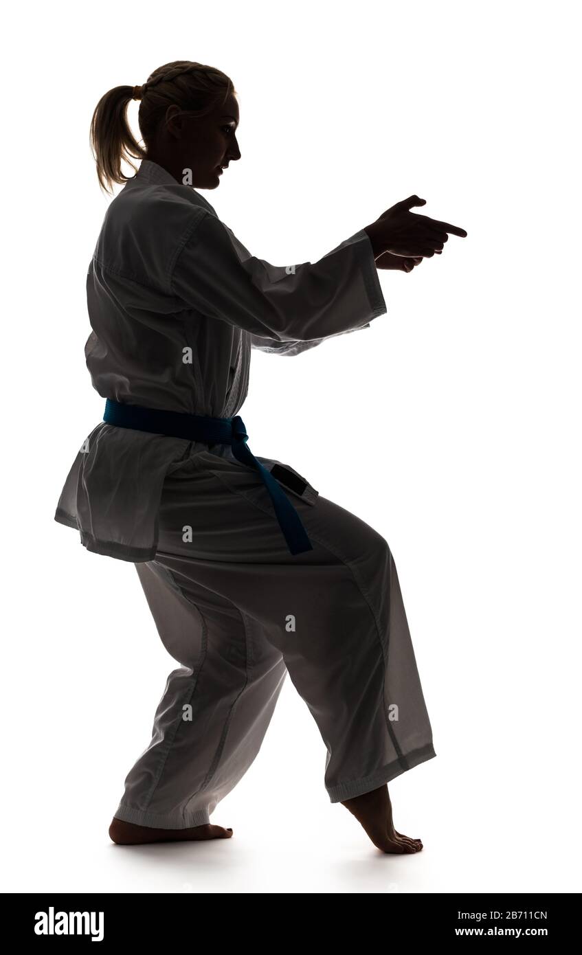 Blonde hair girl dressed in kimono and posing in karate stand. Isolated ...