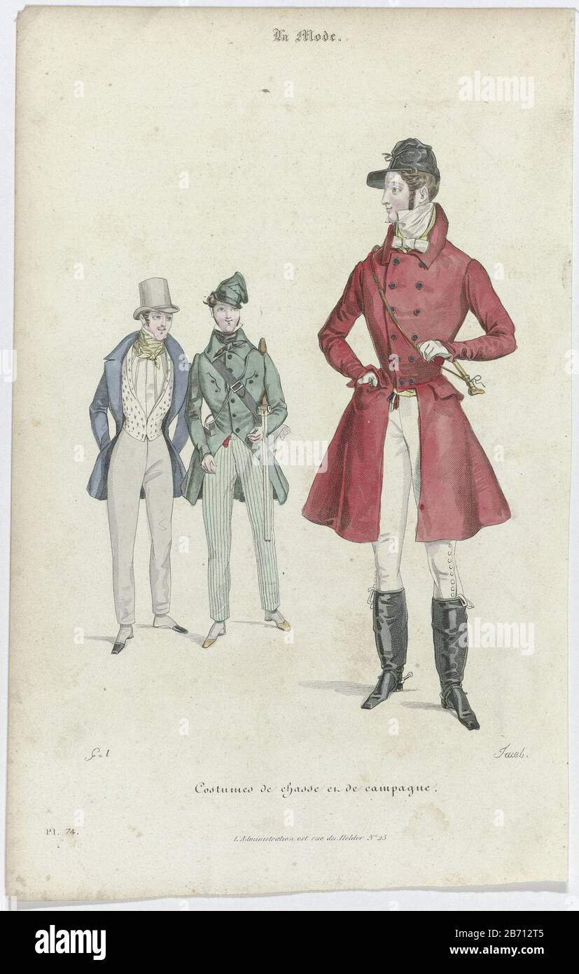 La Mode, 1830, Pl 74 Costumes de chass () Two hunting costumes and a ...