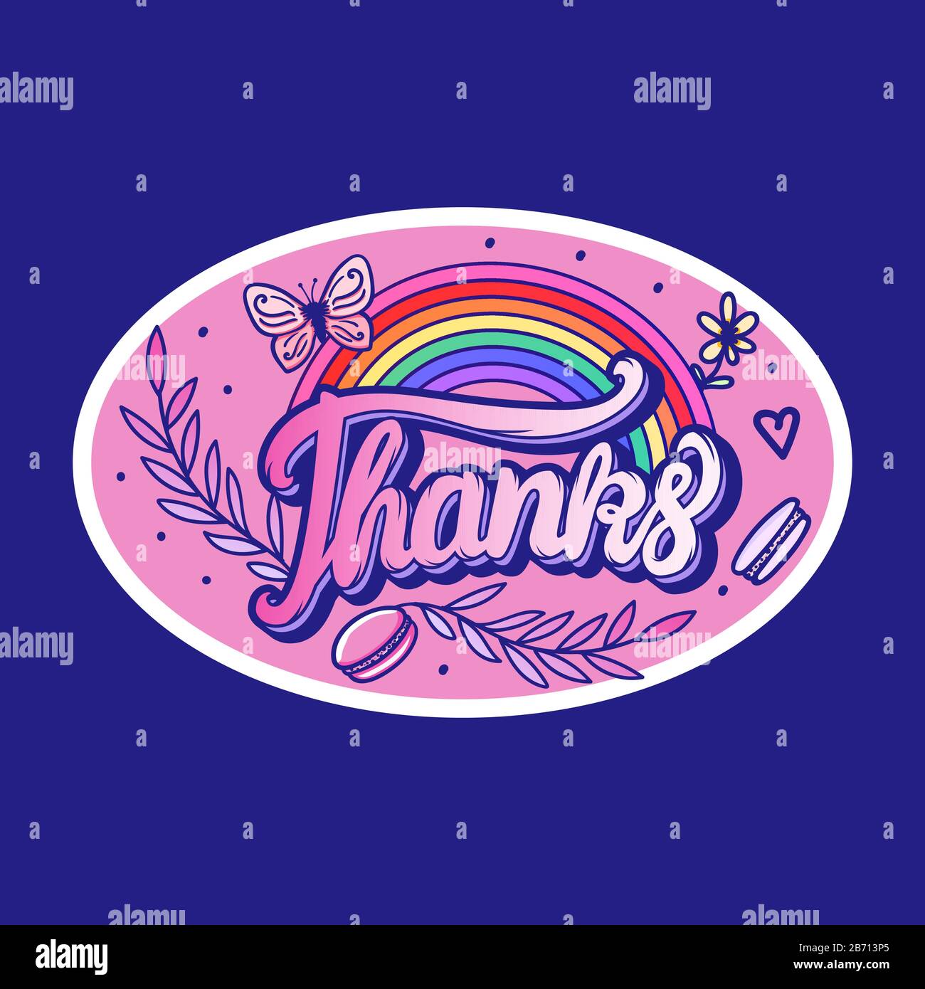 Thanks lettering inscription. Sweet macaroons and rainbow. Vector hand ...