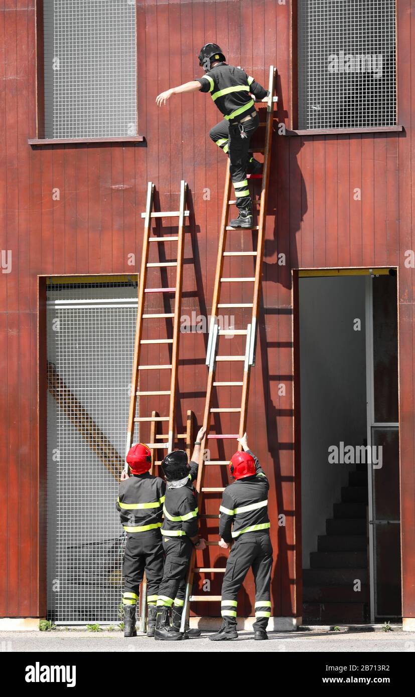firefighters team during an exercise with the ladder in the fire ...