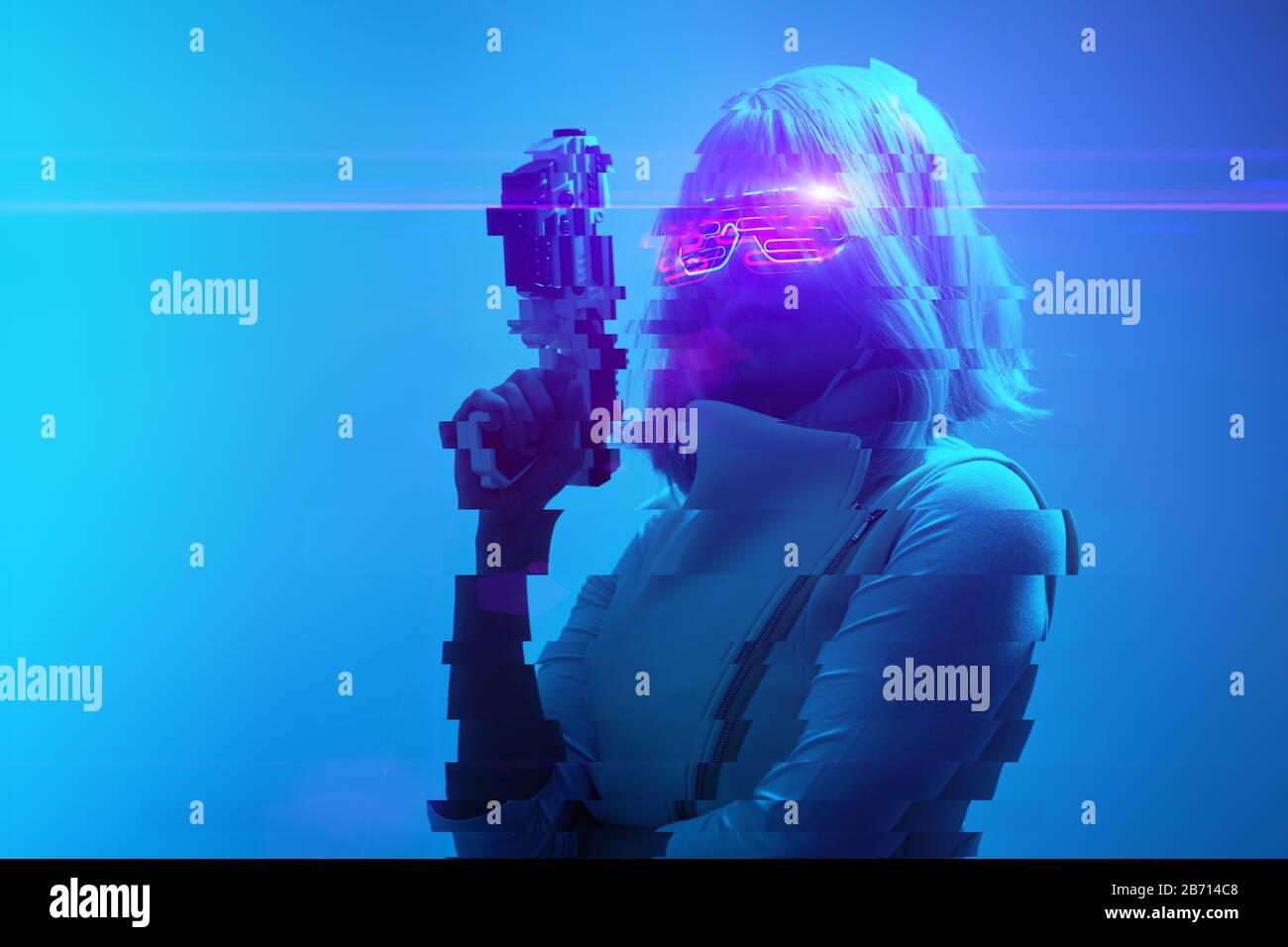 Girl with blaster in the futuristic battle. Concept virtual reality ...
