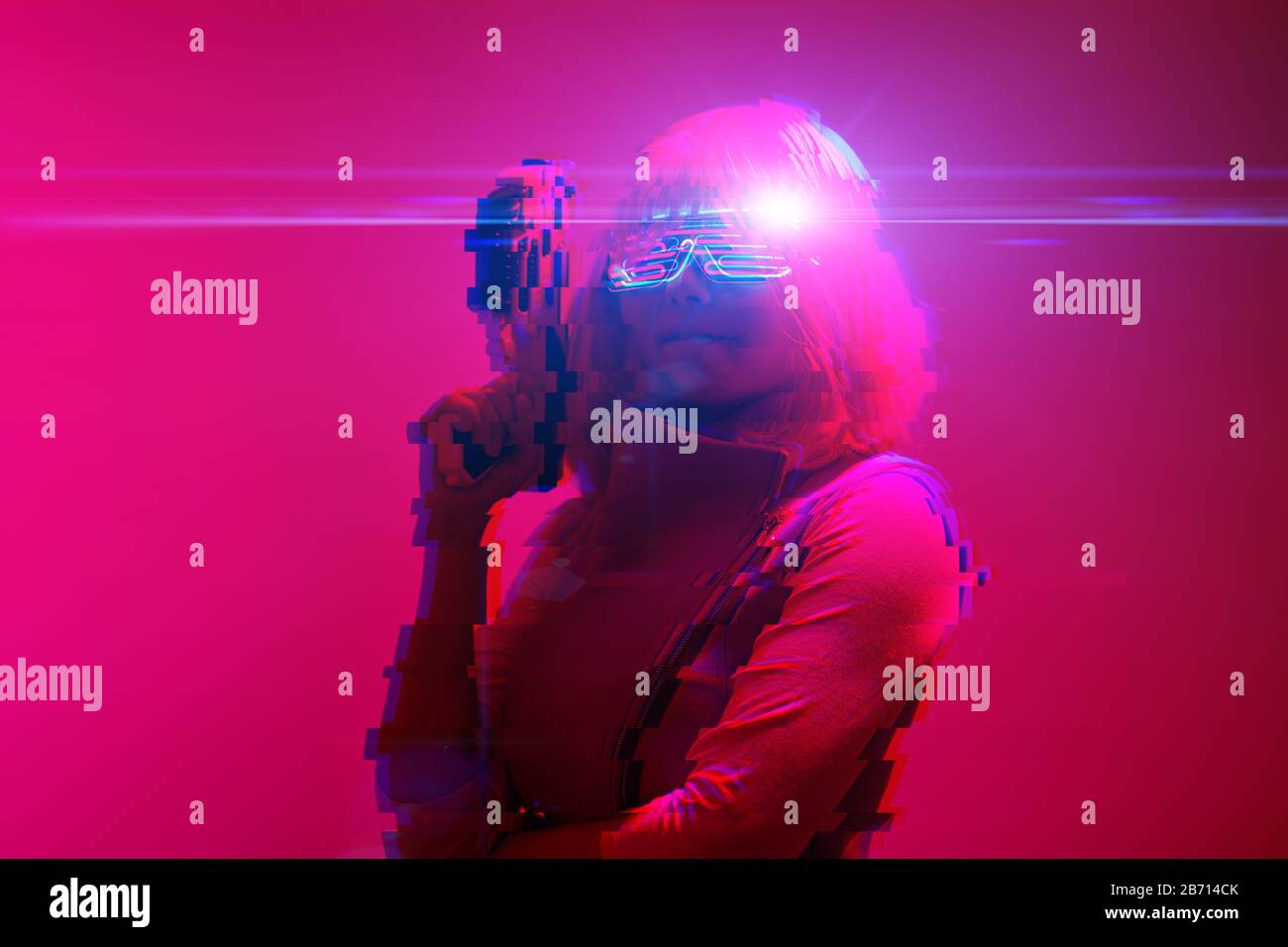 Girl with blaster in the futuristic battle. Concept virtual reality ...