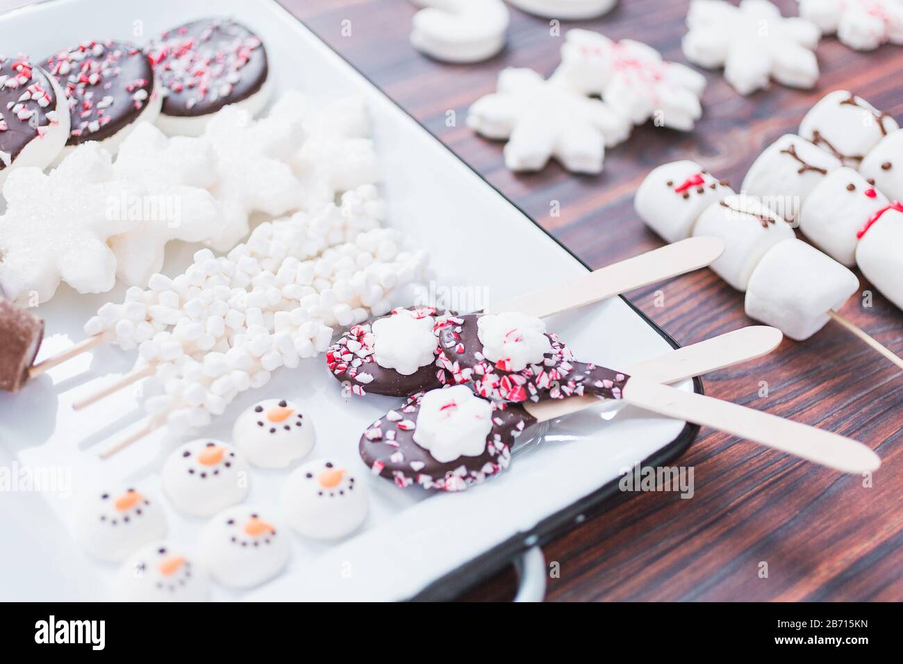 Close up view. Variety of marshmallow toppings with peppermint and ...
