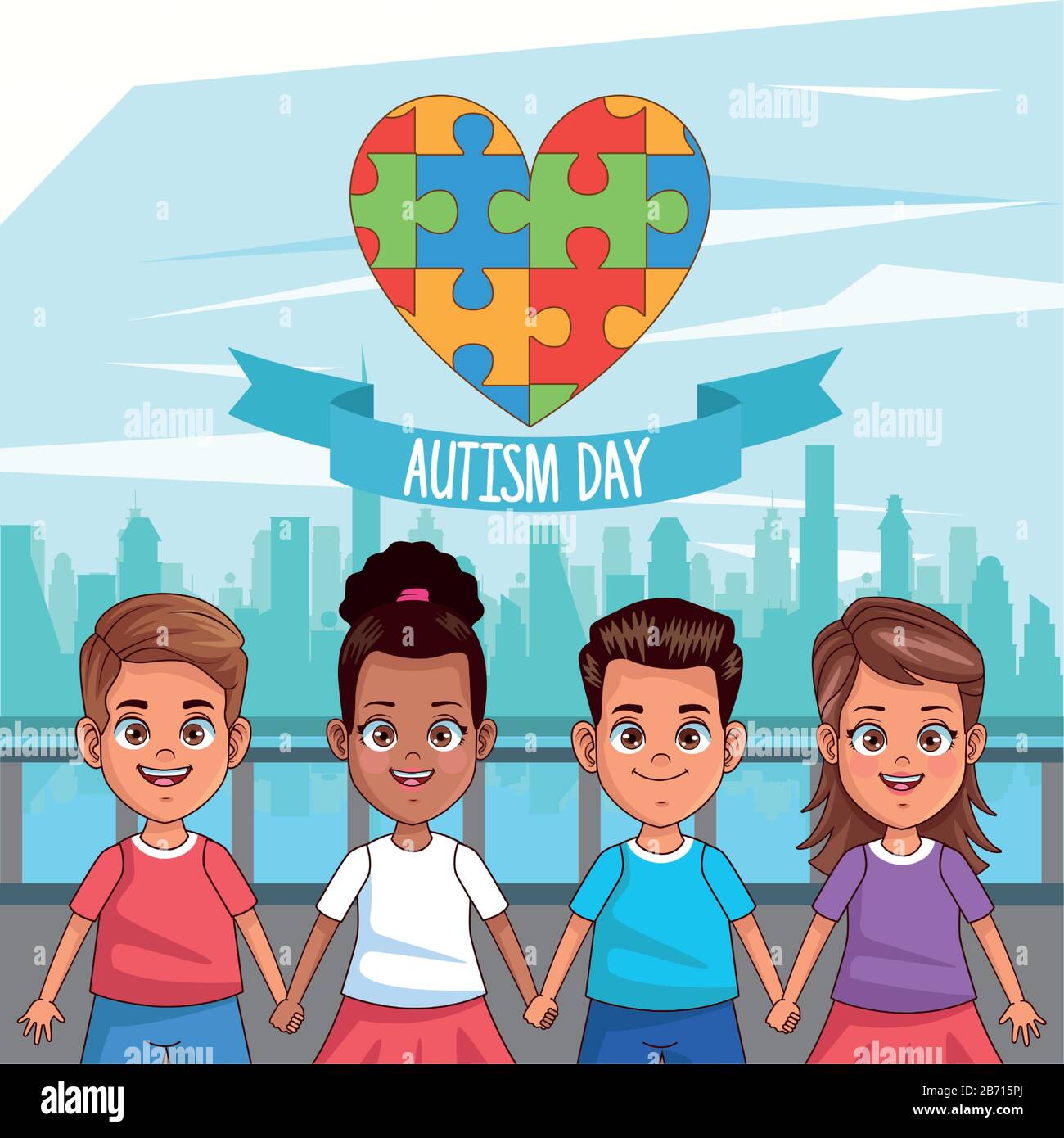 world autism day with kids and puzzle pieces Stock Vector Image & Art ...
