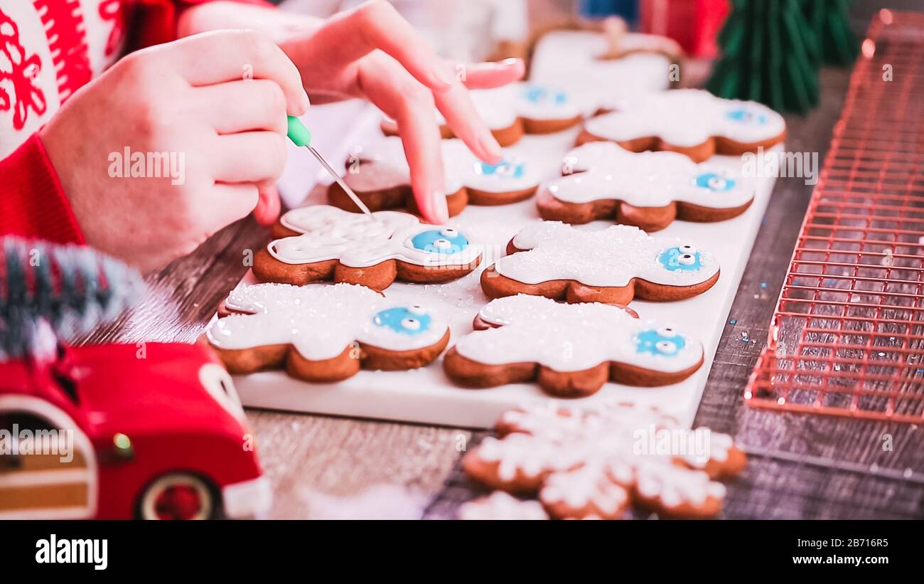 Step by step. Decorating gingerbread cookies with royal icing Stock ...