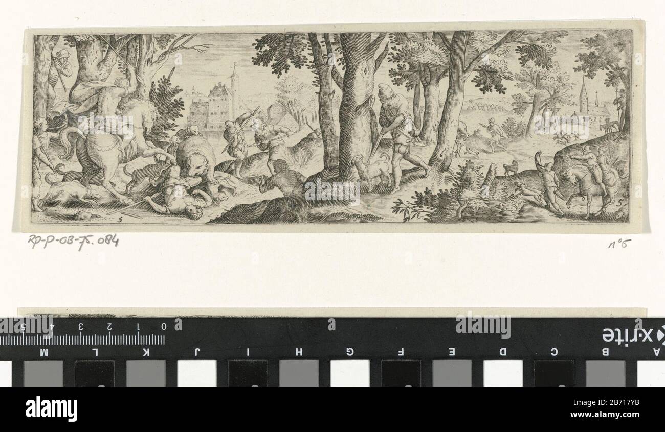 Landschap met berenjacht Jachttaferelen (serietitel) Landschap met jagers en jachthonden. Links ...