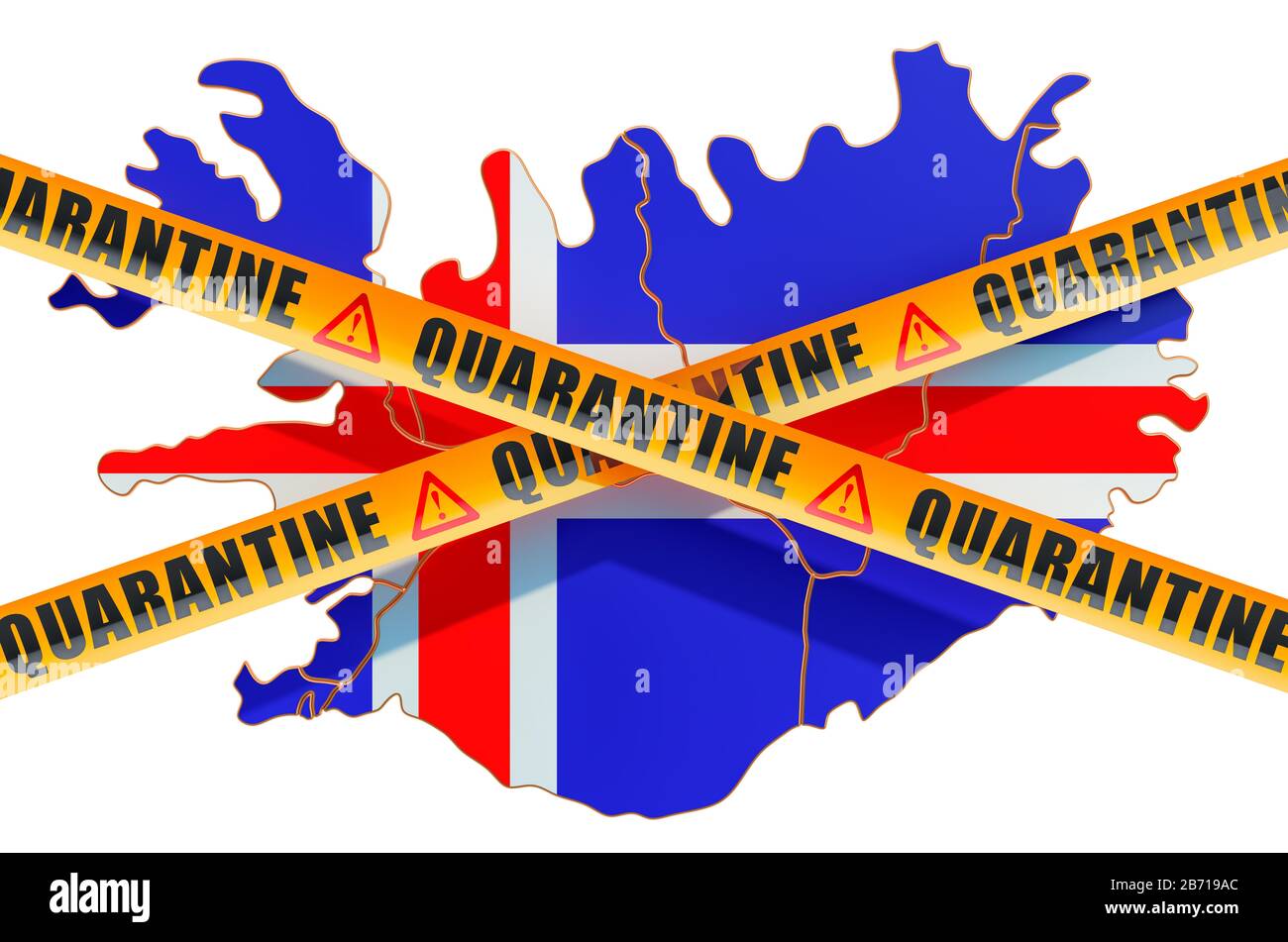 Quarantine in Iceland concept. Icelandic map with caution barrier tapes ...