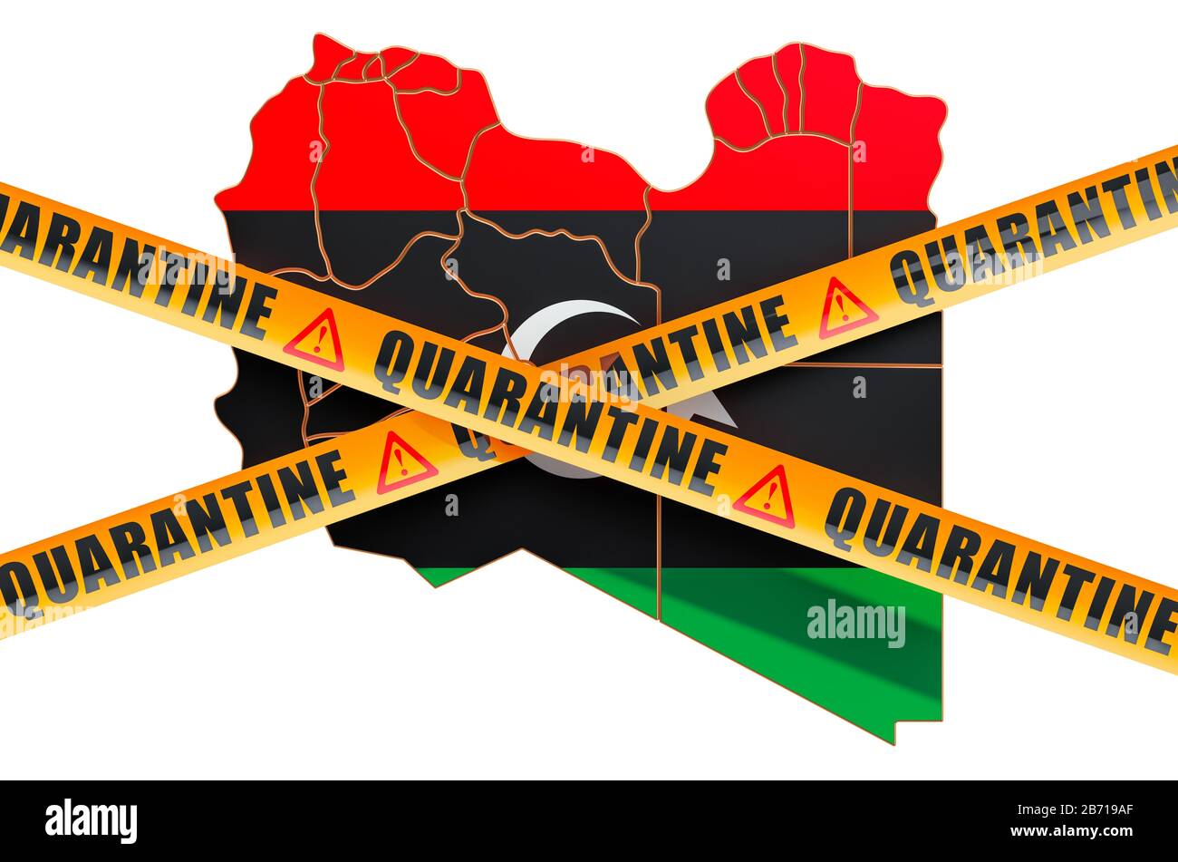 Quarantine in Libya concept. Libyan map with caution barrier tapes, 3D ...