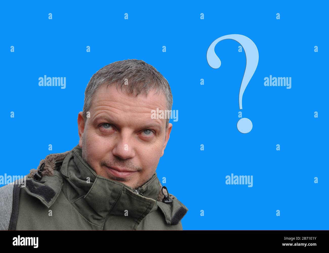 Thinking man on a blue background with a question mark. Think Stock ...