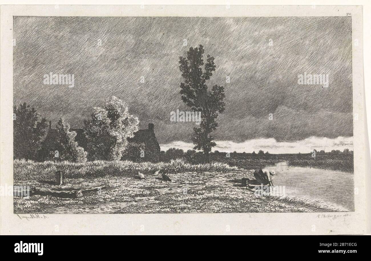 Landschap met een vrouw die de was doet on a dock on the water a woman ...